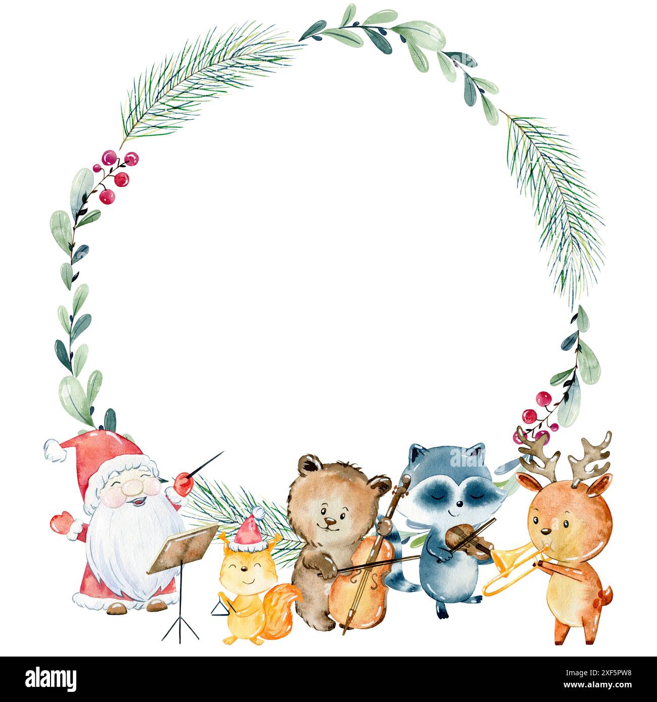 Christmas greeting card. Watercolor winter wreath with animals playing ...