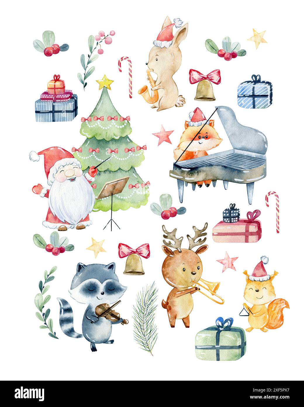 Watercolor winter poster with animals playing musical instruments Stock ...