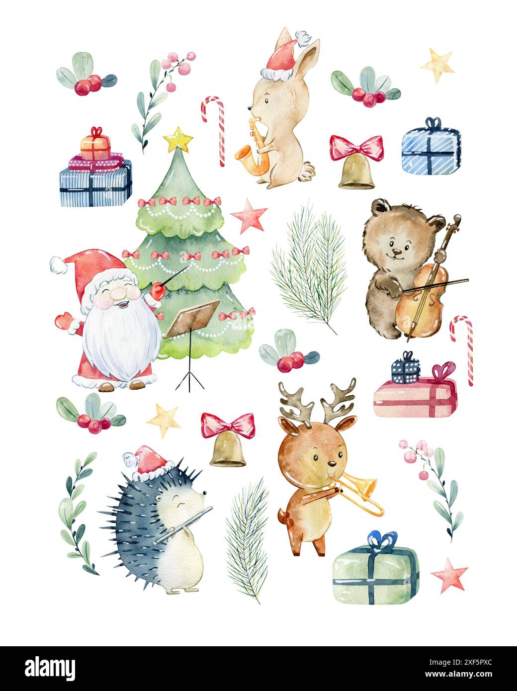 Watercolor winter poster with animals playing musical instruments Stock ...