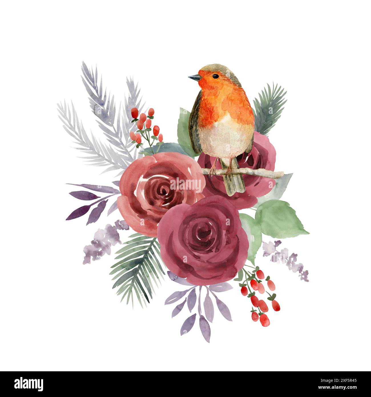 Watercolor christmas bouquet with roses and robin. Isolated on white ...