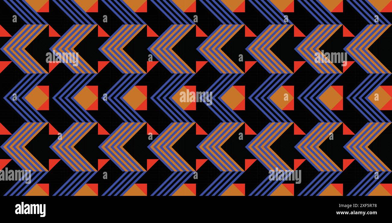 The geometric pattern is vibrant, featuring zigzag lines and colorful triangles creating a ...