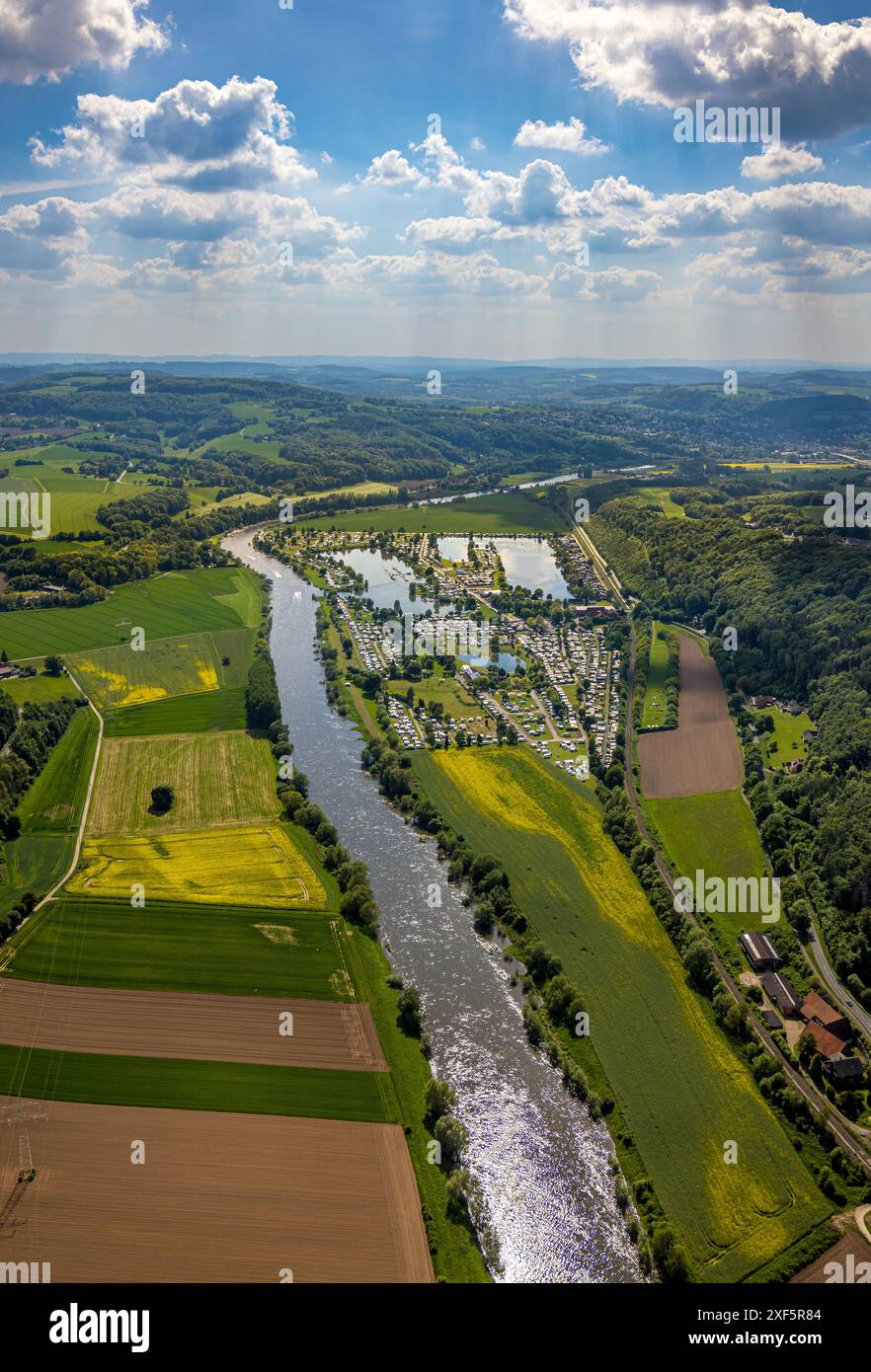 Aerial view, Camp Feuerland campsite on the Weser river, bathing lake and Weser cycle path in ...