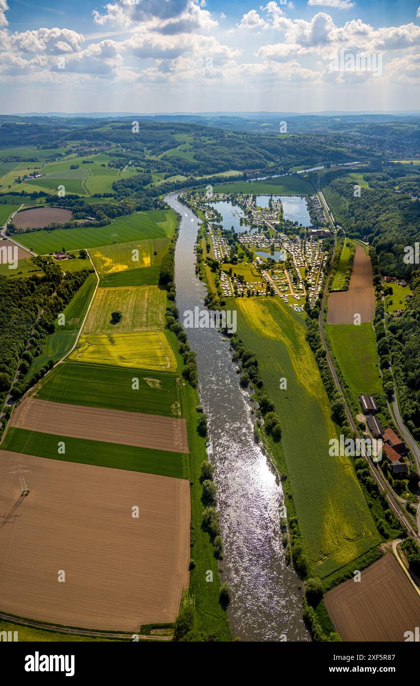 Aerial view, Camp Feuerland campsite on the River Weser, bathing lake and Weser cycle path in ...