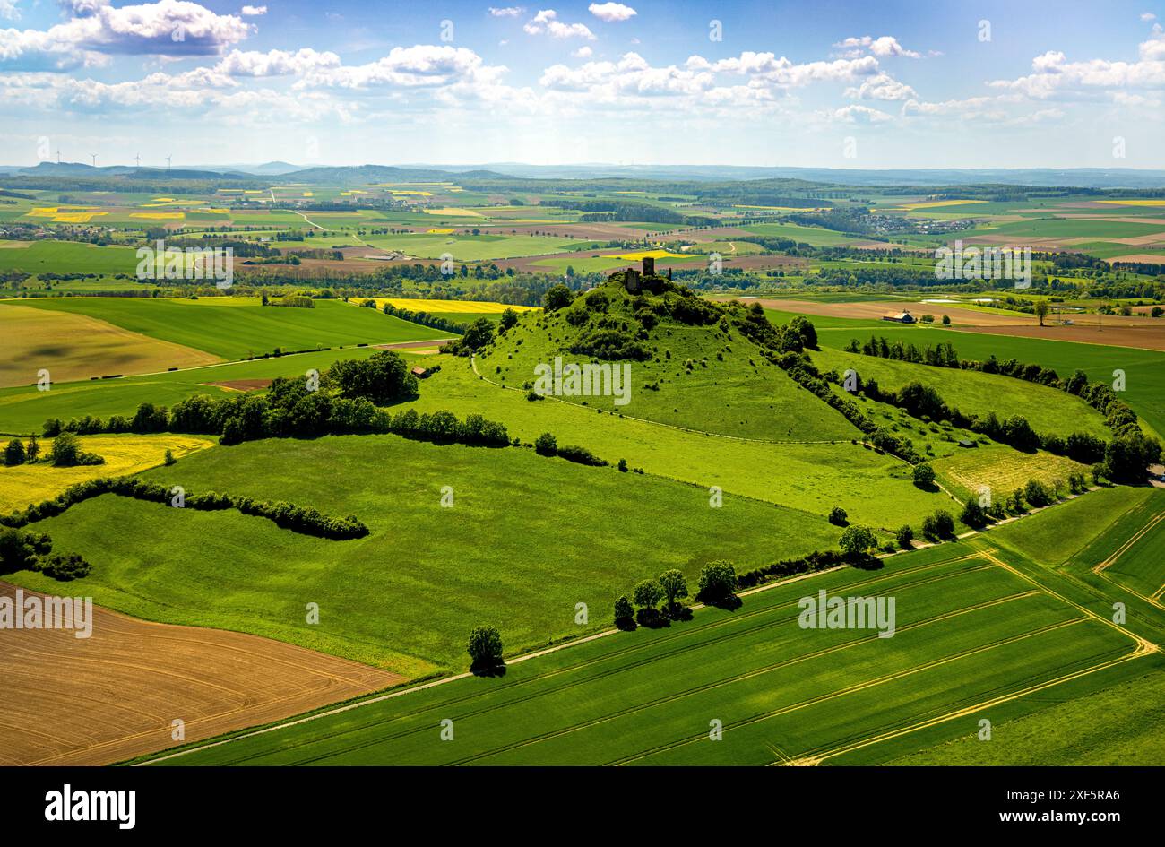 Aerial view, Desenberg Castle on a volcanic cone, historical sight ...