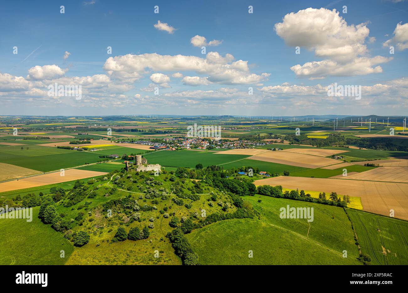Aerial view, Desenberg Castle on a volcanic cone, historical sight ...