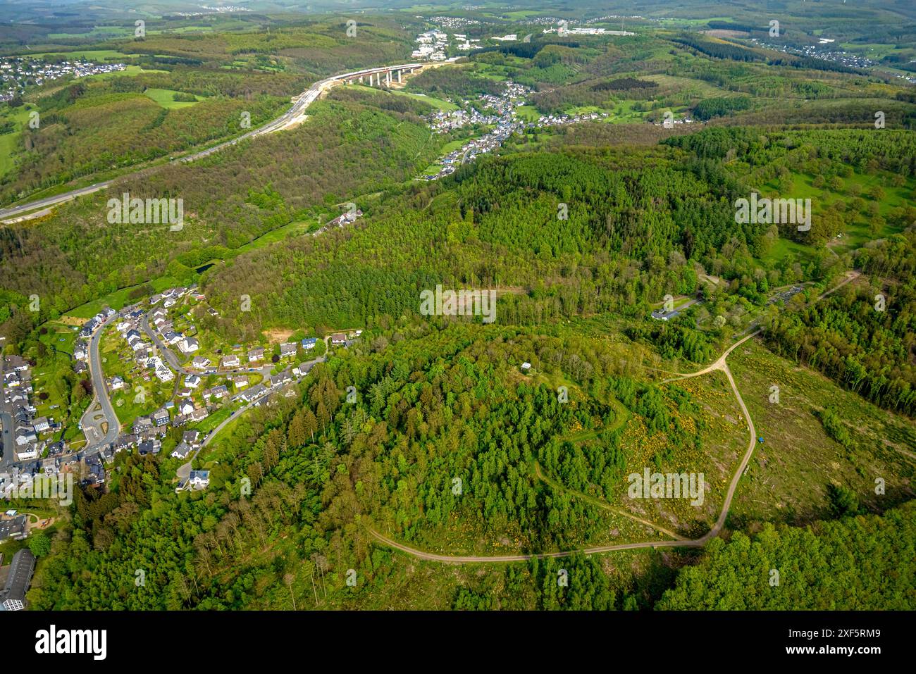 Aerial view, hilly landscape forest area with forest damage, world war ...