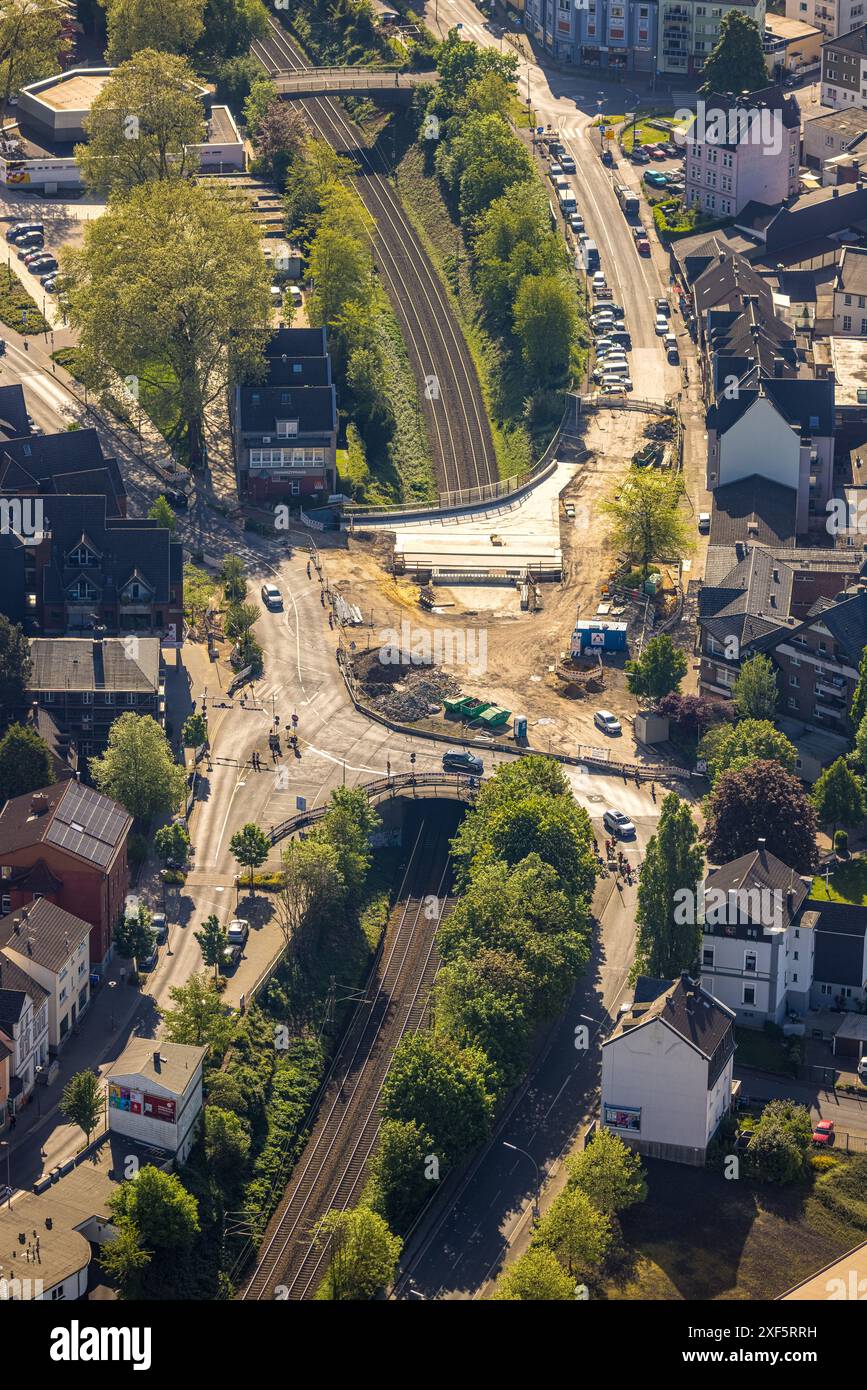Aerial view, construction site and renovation in the town center ...