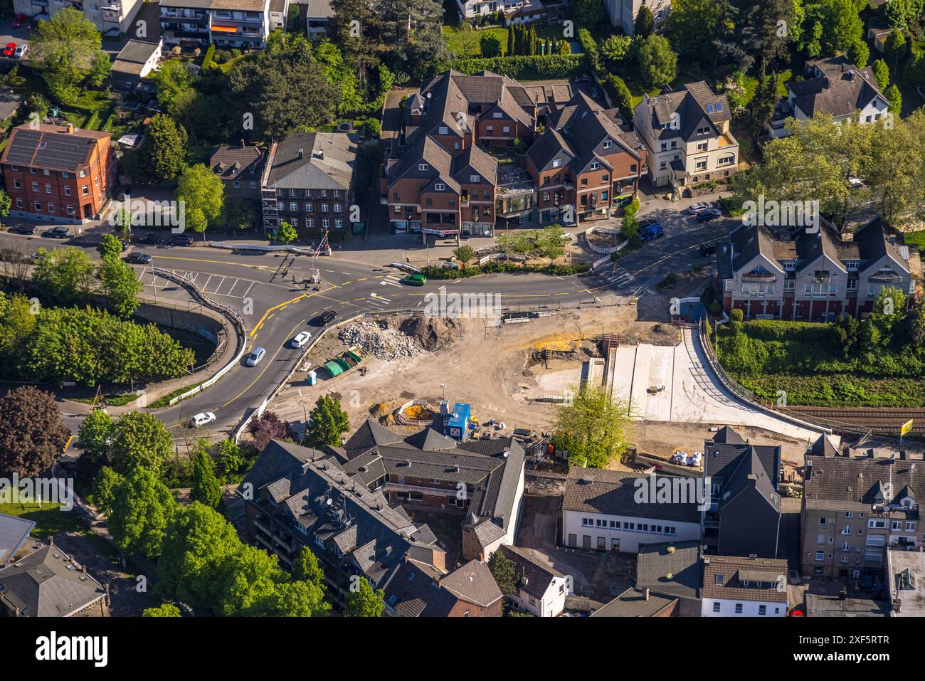 Aerial view, construction site and renovation in the town center ...