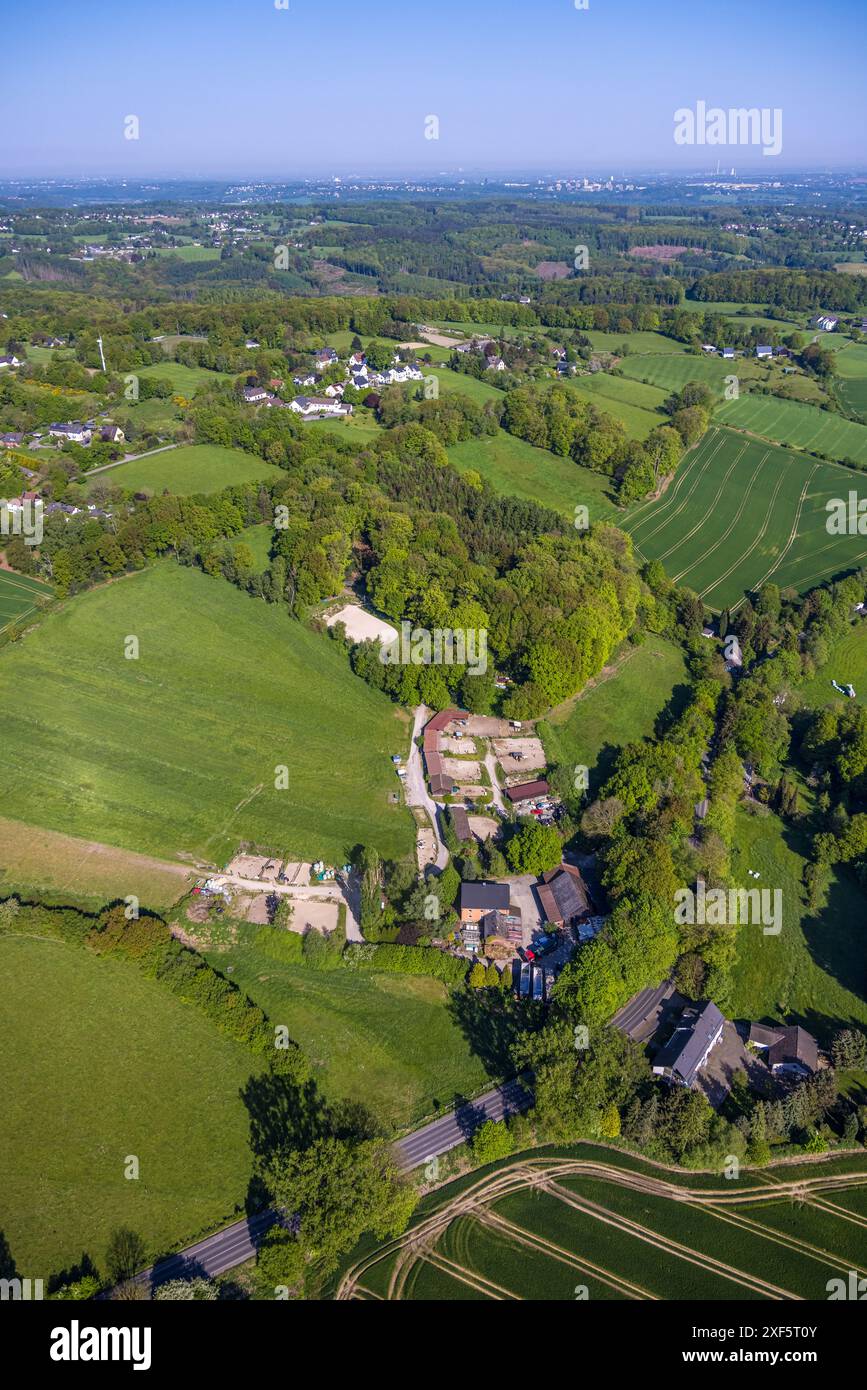 Aerial view, Schmalenbeck farm, houses and stables, meadows and fields ...