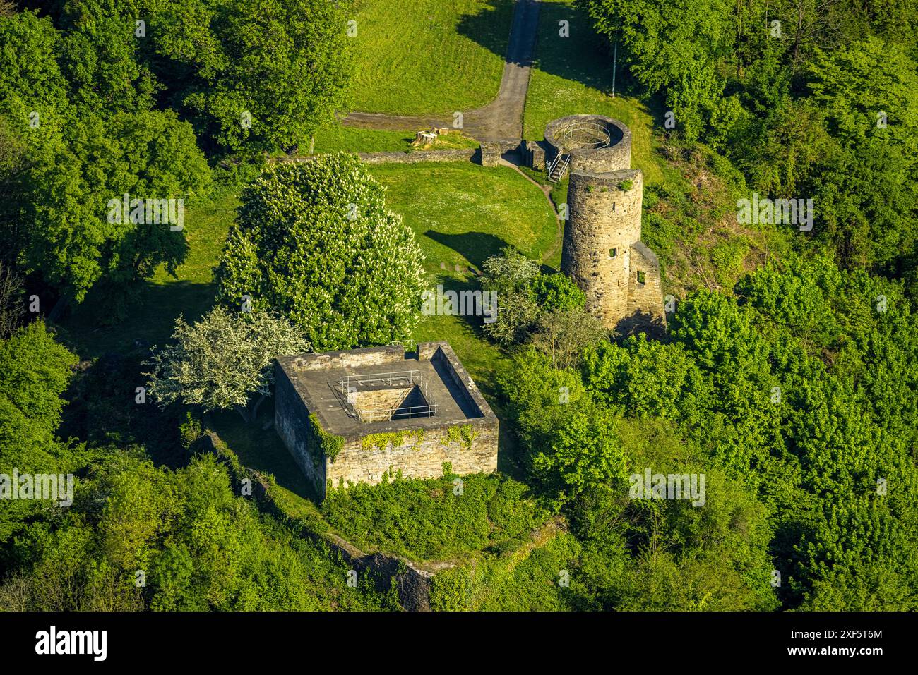 Aerial view, Volmarstein castle ruins in the forest, Schlossberg ...