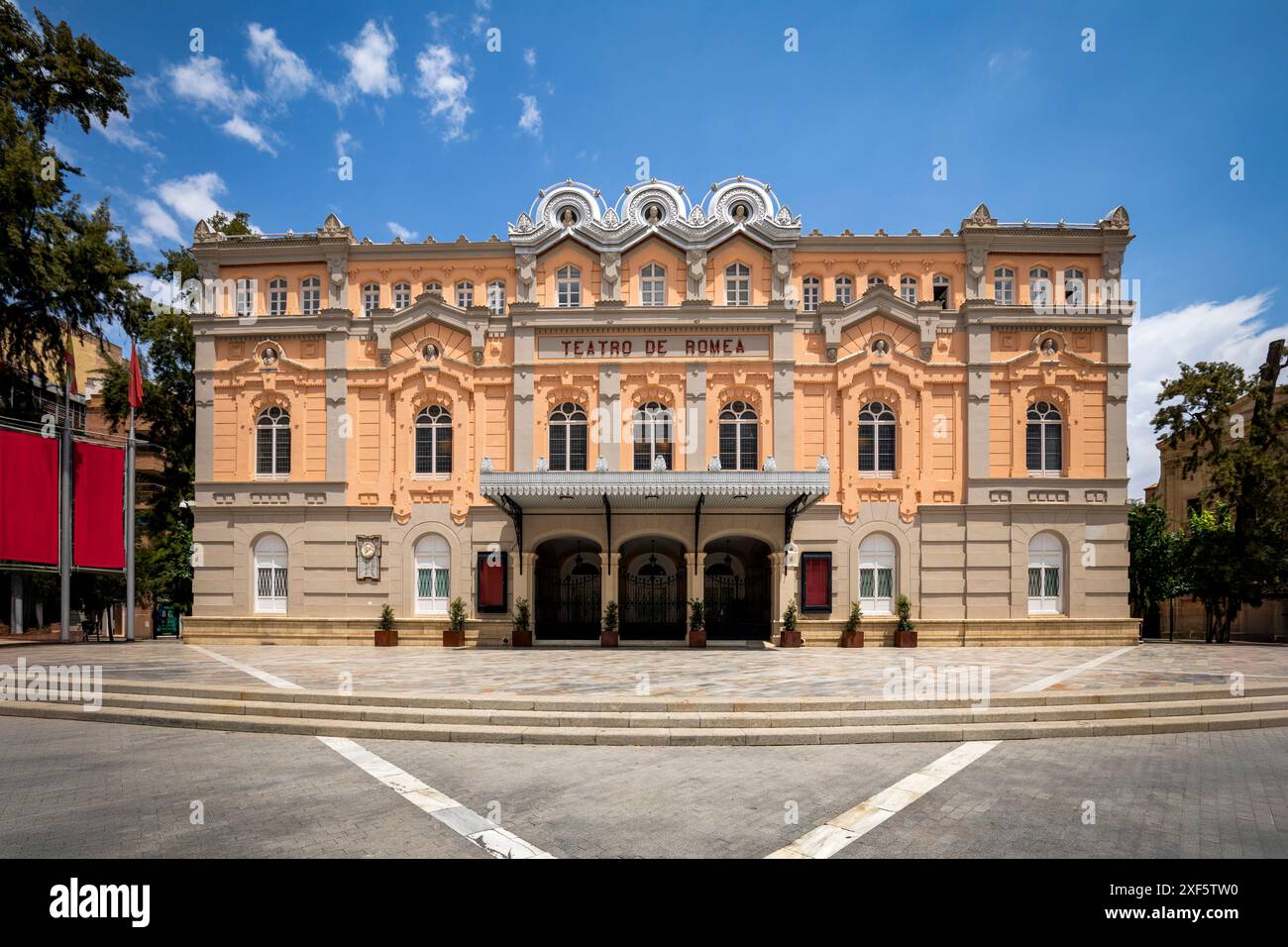 Orange and eclectic facade of the Teatro Romea in Murcia, Spain in the ...