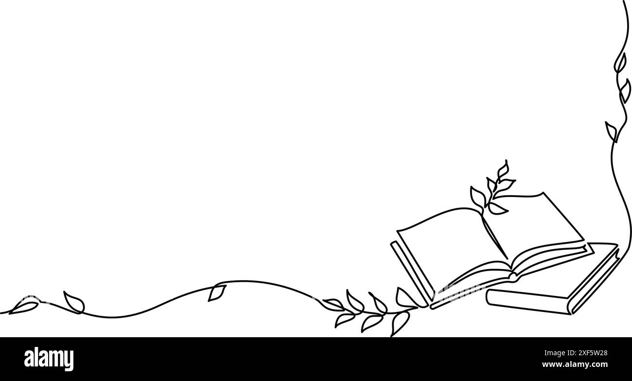 Opened book with branch of leaves corner frame. Continuous one line ...