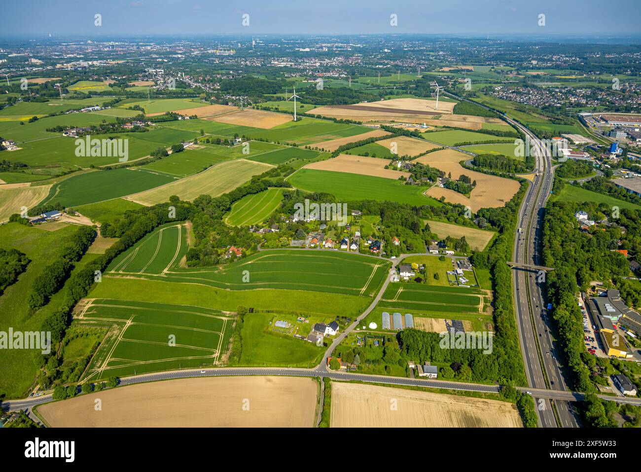 Aerial view, Vöckenberg meadows and fields fresh air corridor, wind ...