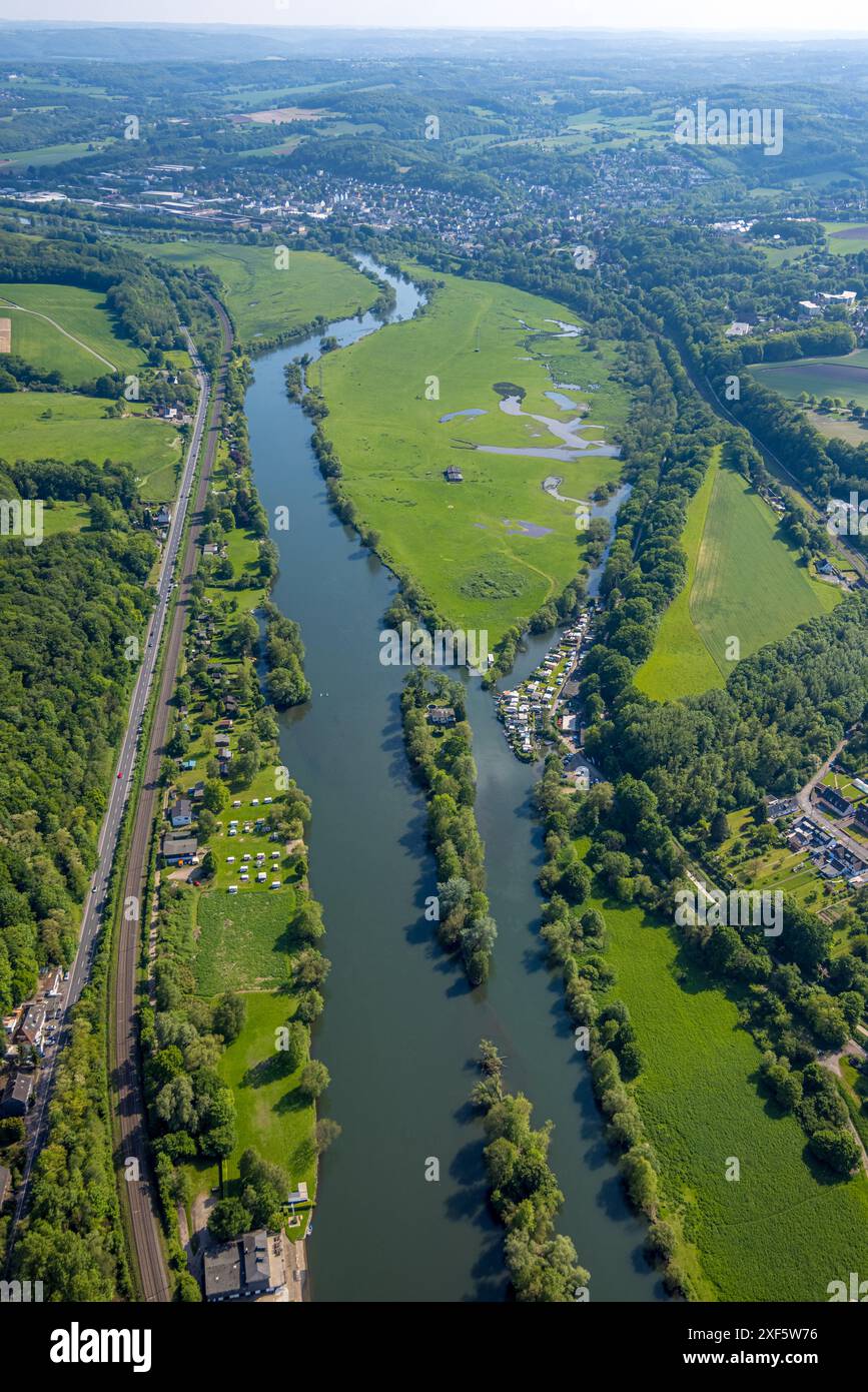 Aerial view, nature reserve Ruhraue Gedern, Ruhr island in the river ...