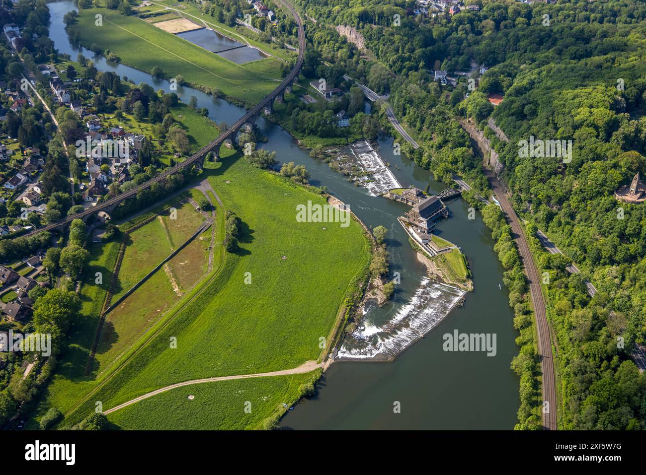 Aerial view, Hohenstein run-of-river power station on the Ruhr river ...