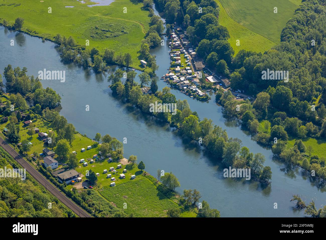 Aerial view, Ruhr island in the river Ruhr and Steger campsite, Ruhr ...