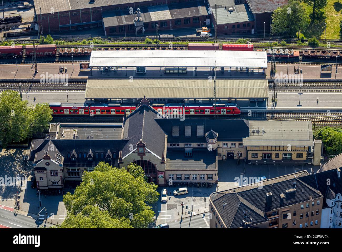Aerial view, main station building with platform and S-Bahn train ...