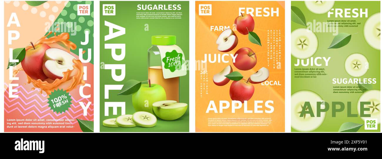 Apple posters. Fruit pattern. Food ad banner design. Modern fresh ...