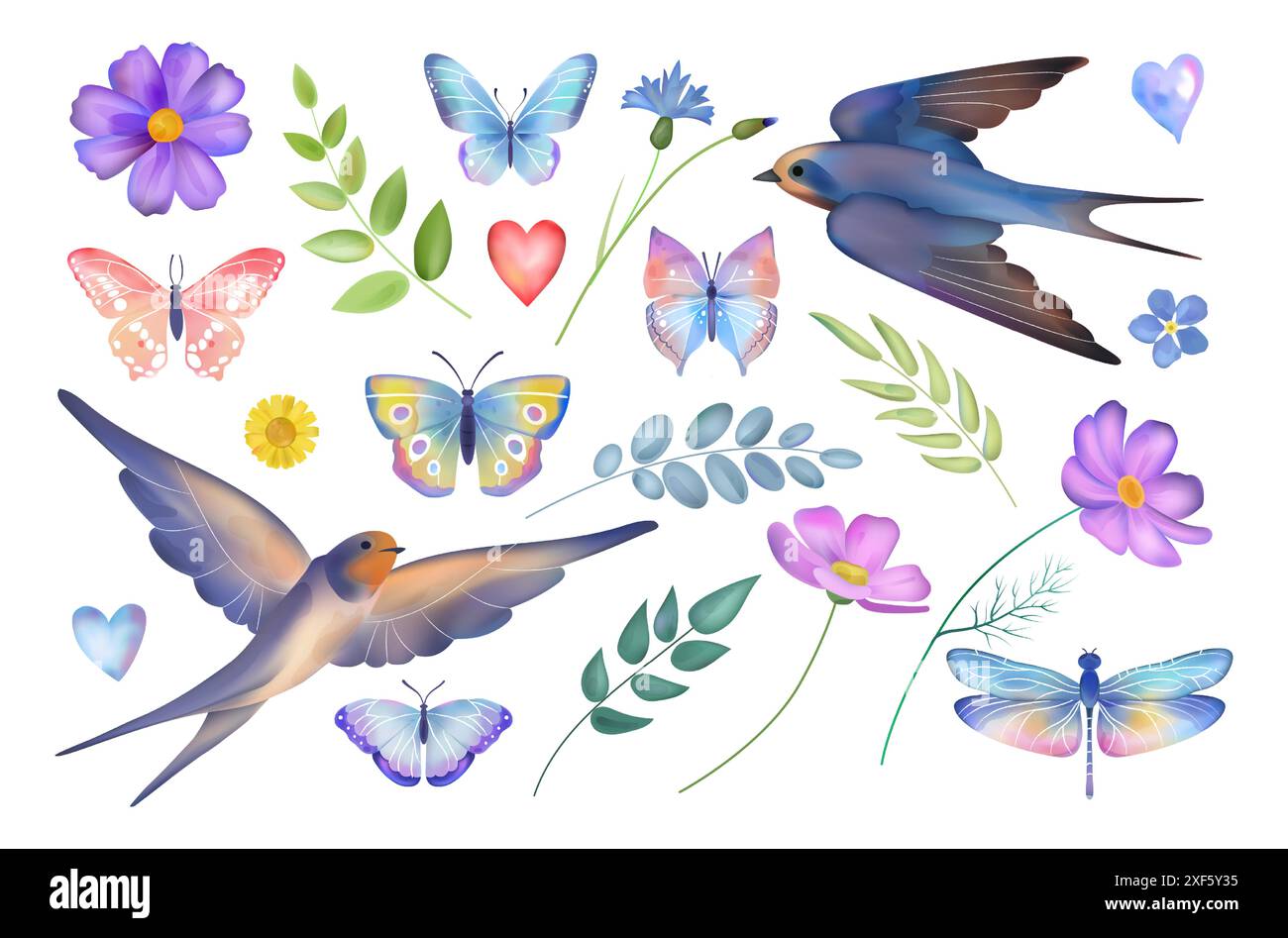 Butterfly and flowers. Vintage spring nature. Flying swallow birds ...