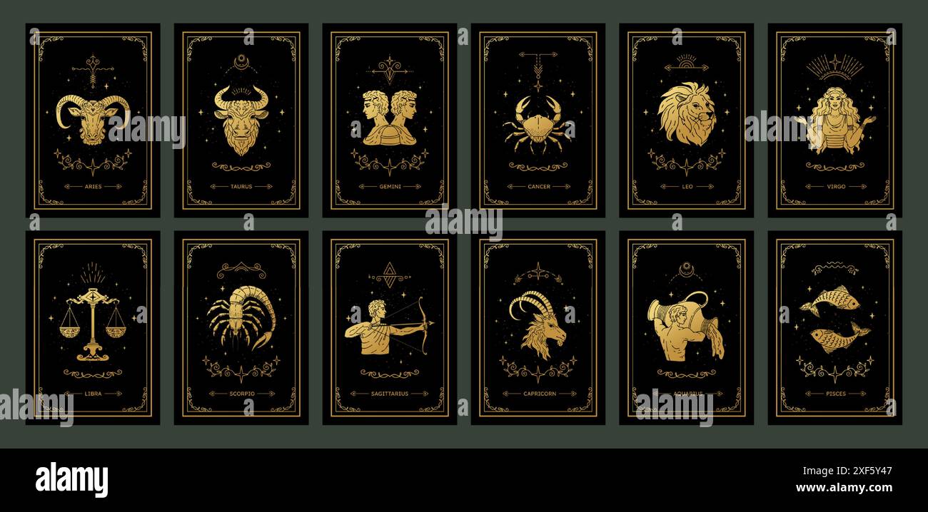 Zodiac cards. Astrological calendar. Gold signs of Aries, Sagittarius ...