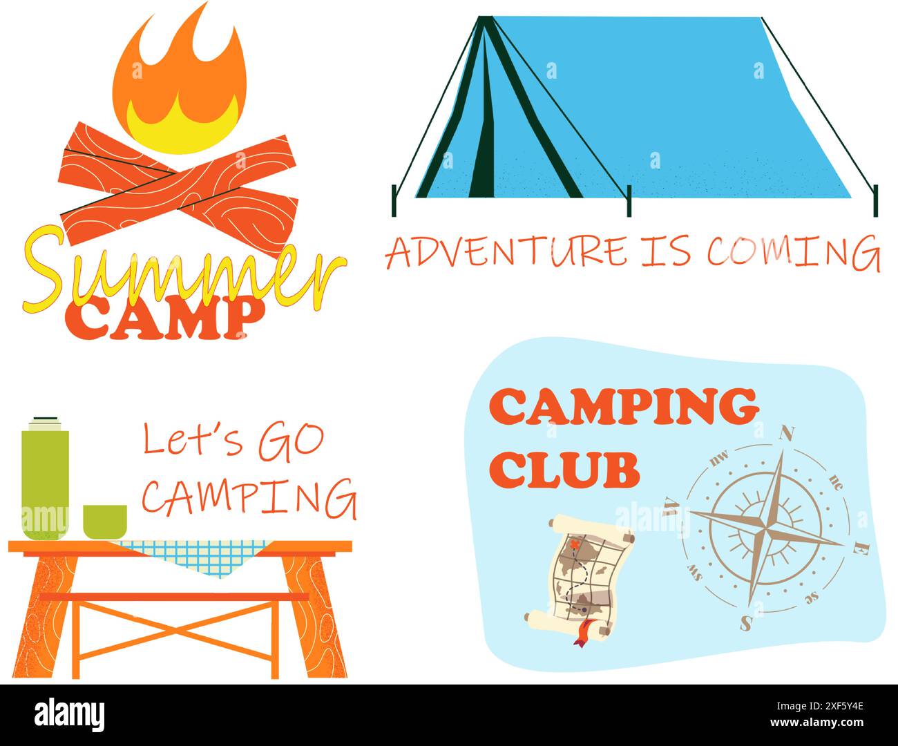 Cartoon picnic and camping icons. Motivational lettering. Hiking tent ...