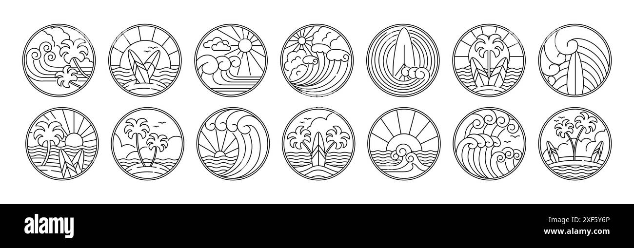 Surf logo. Summer beach wave. Retro Hawaii T-shirt emblems. Tropical palms. Surfboard icons ...