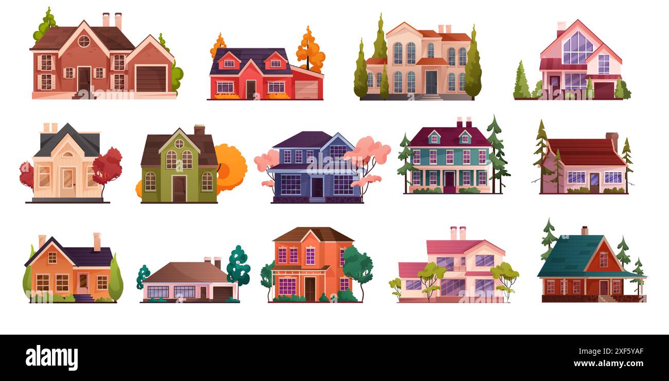 Building icons. Small houses. Facade front view. Town cottage exterior ...