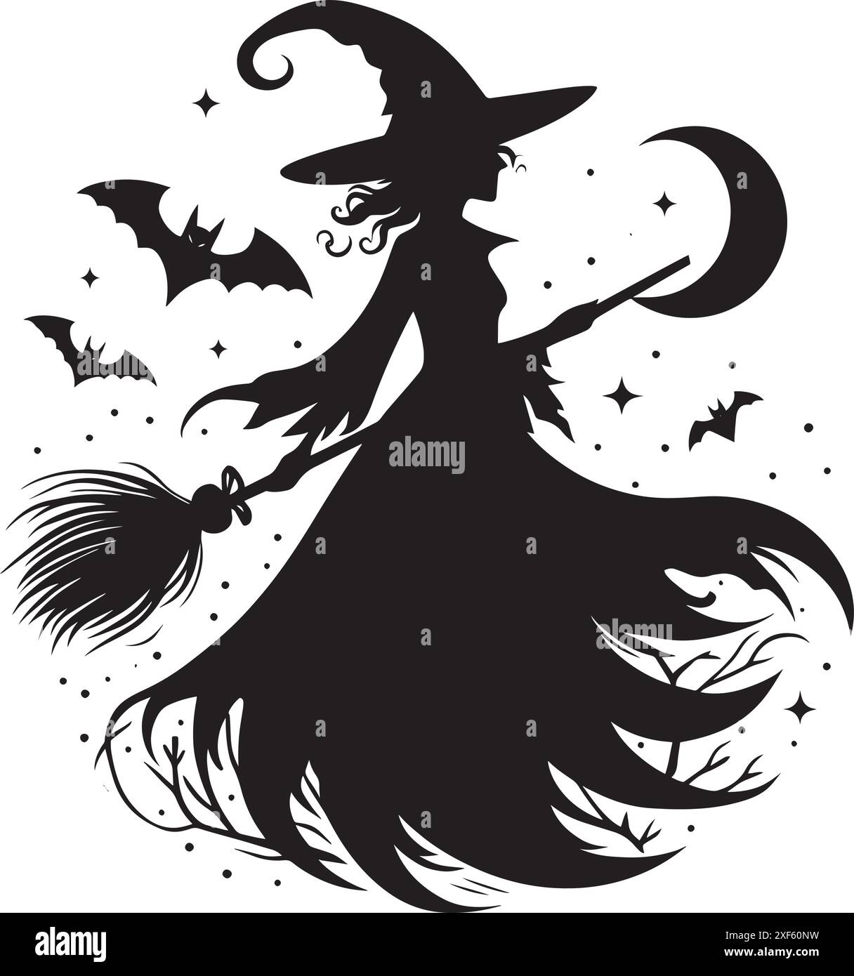 Halloween witch silhouette with broomstick, hats and magic pot vector ...