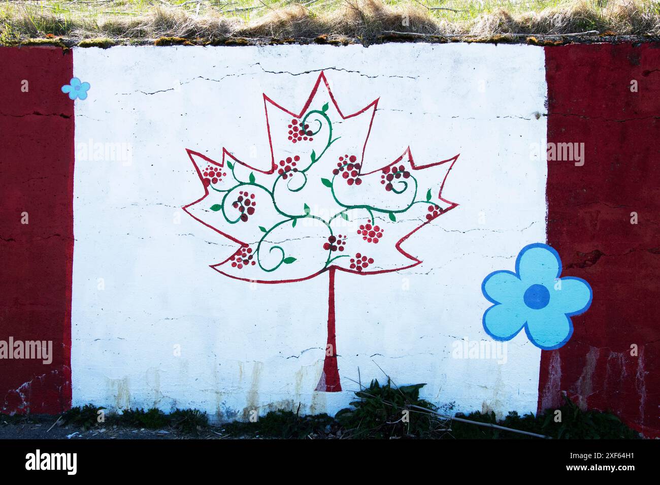 Mural of the Canadian flag with a flower at Wolastoq Park in Saint John ...