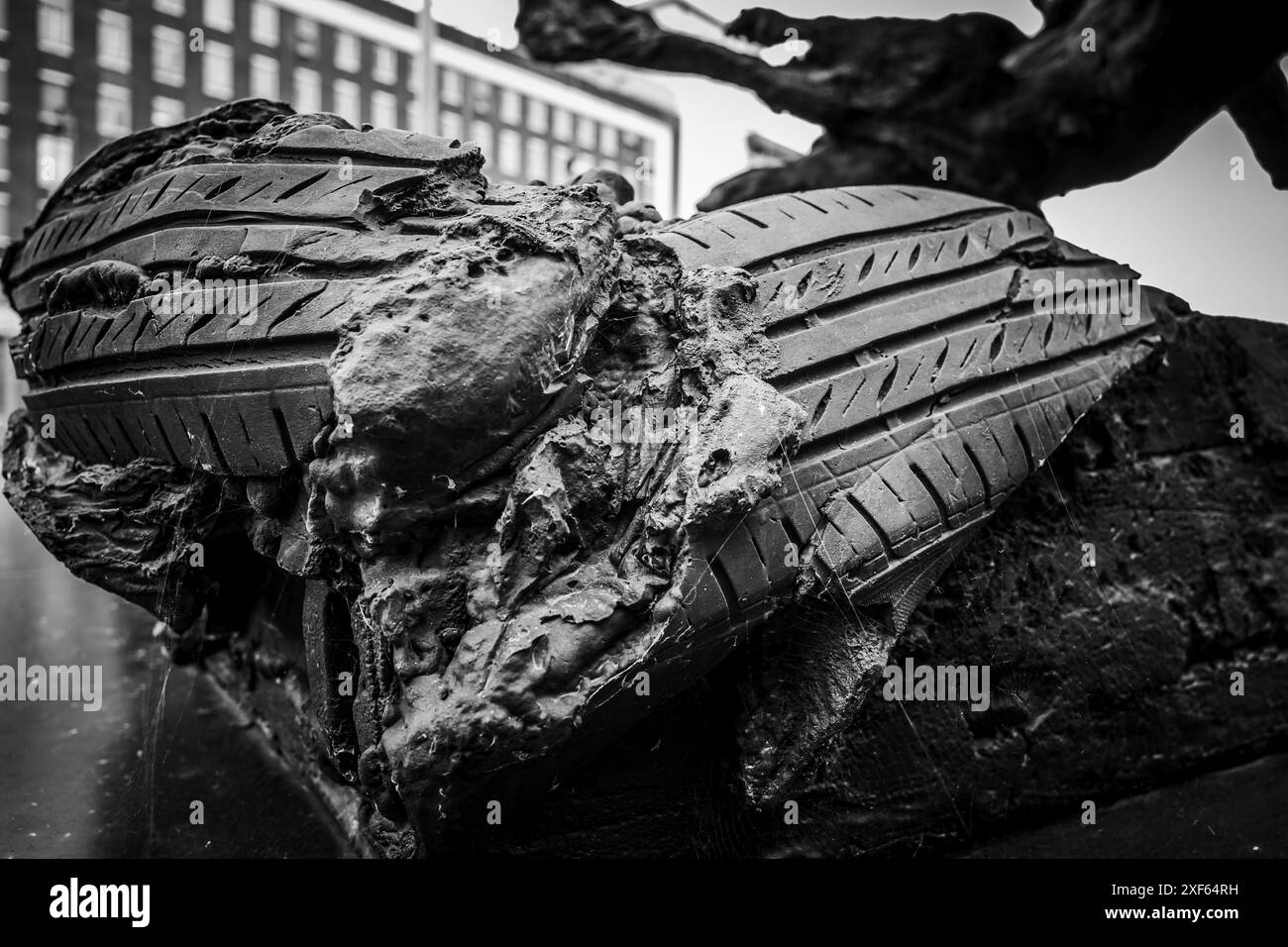Close-up of a weathered tire tread sculpture with detailed textures in ...