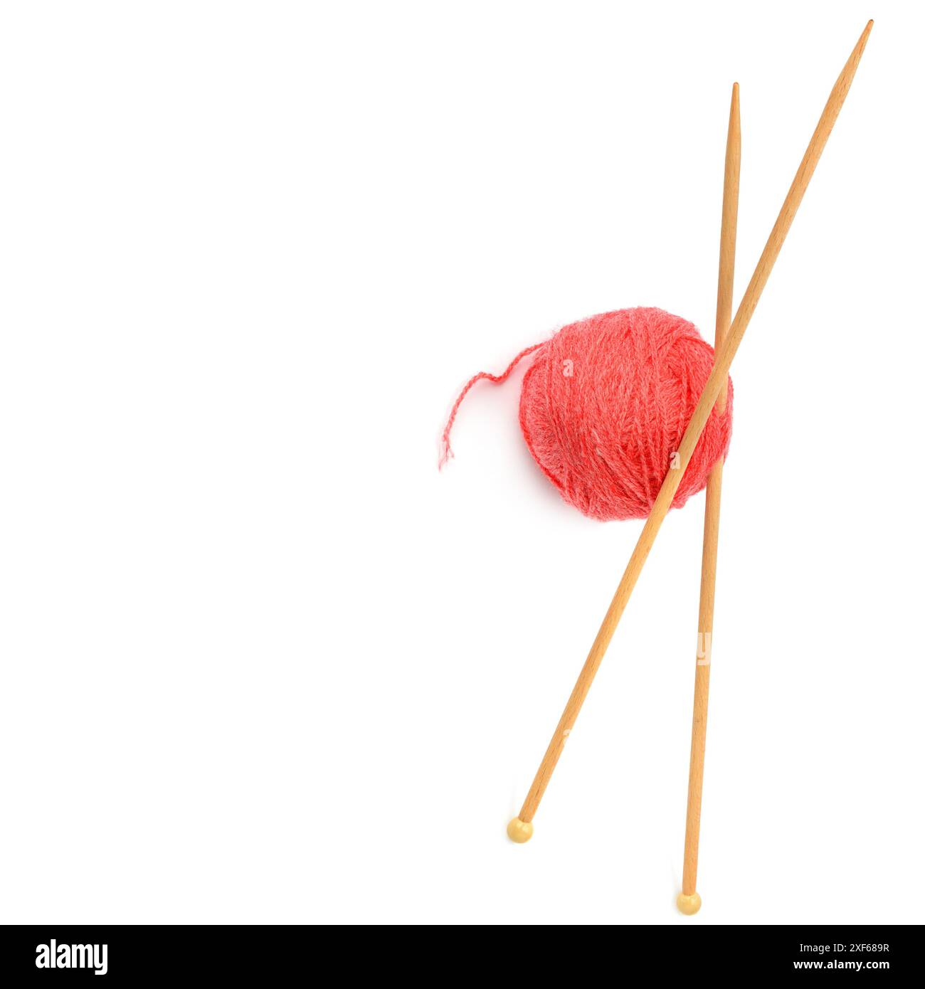 Ball of woolen thread and knitting needles isolated on white background ...