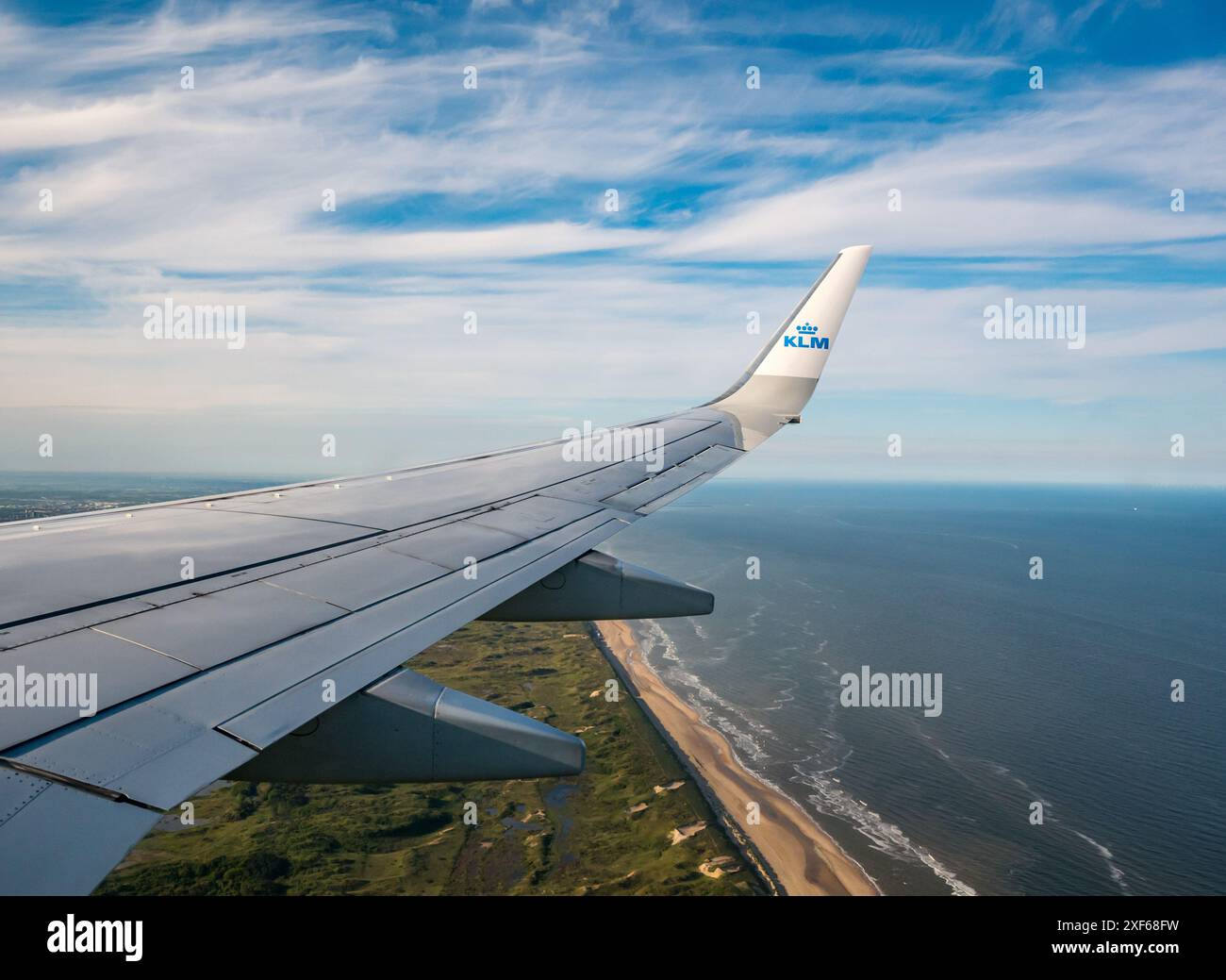 View from KLM aeroplane window of airplane over Dutch coastline ...