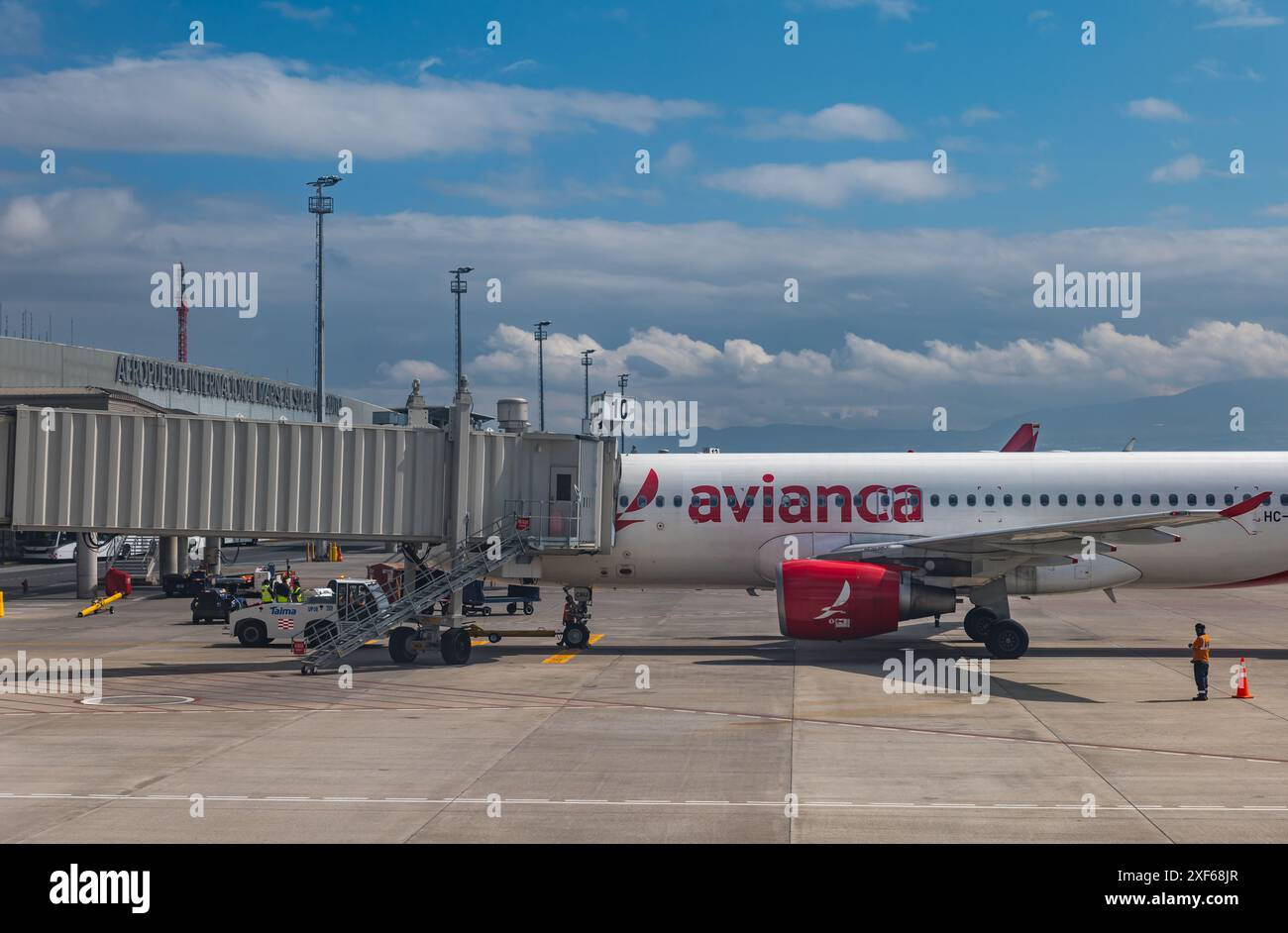 View from aeroplane window of terminal building and Avianca Airline ...