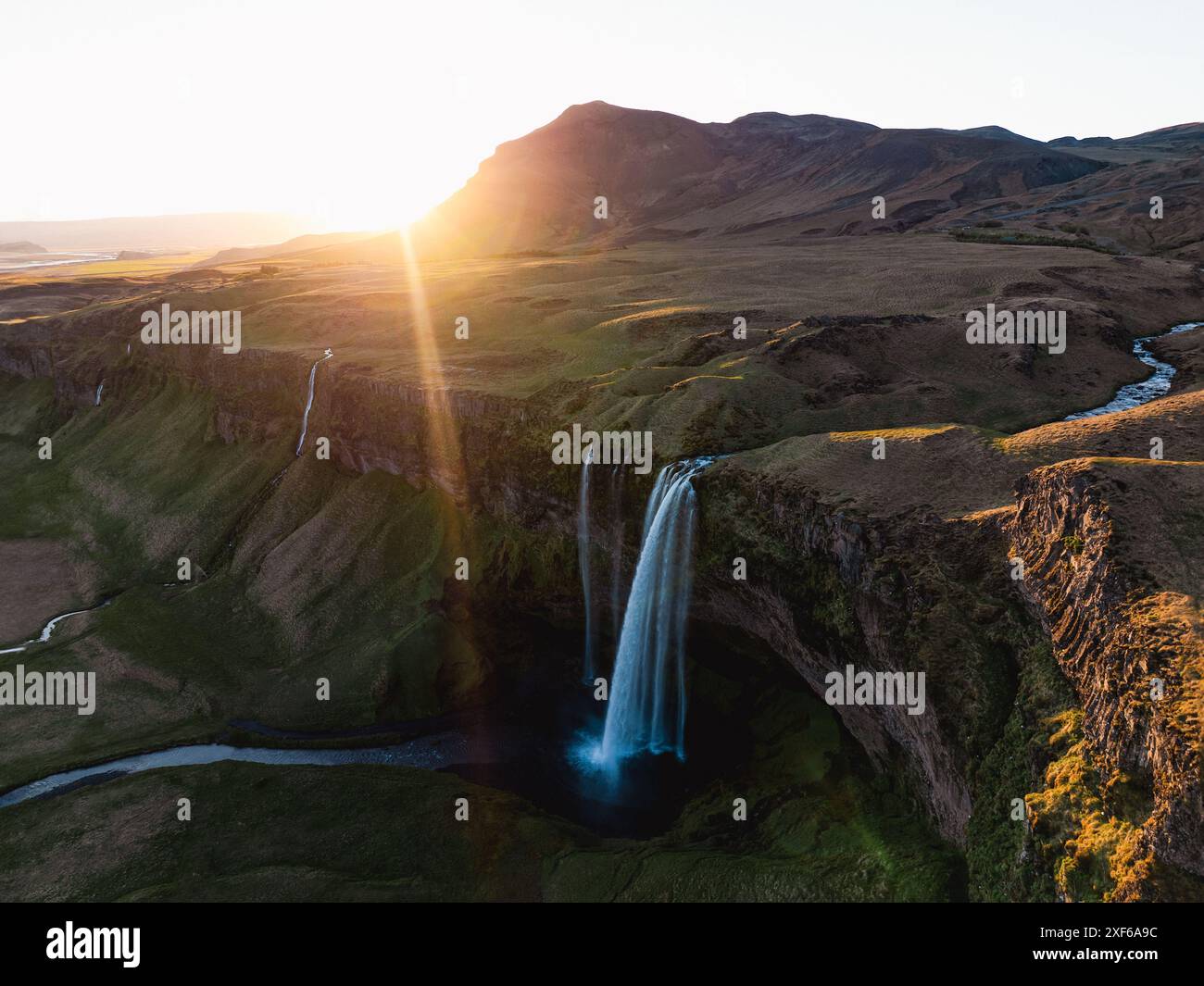 View from above, stunning aerial view of Seljalandsfoss waterfall at ...