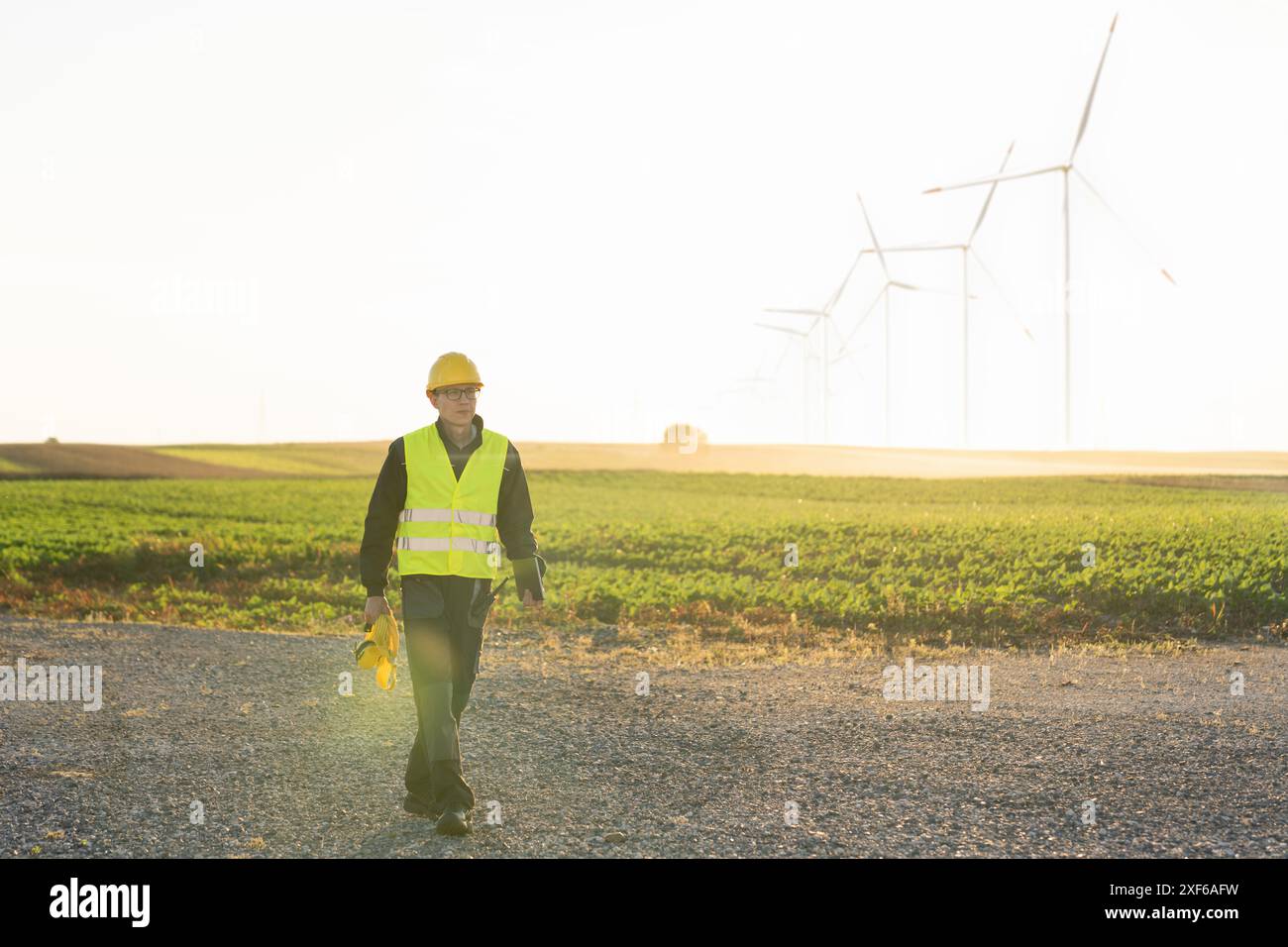 Engineer with digital tablet works on a field of wind turbines Stock ...