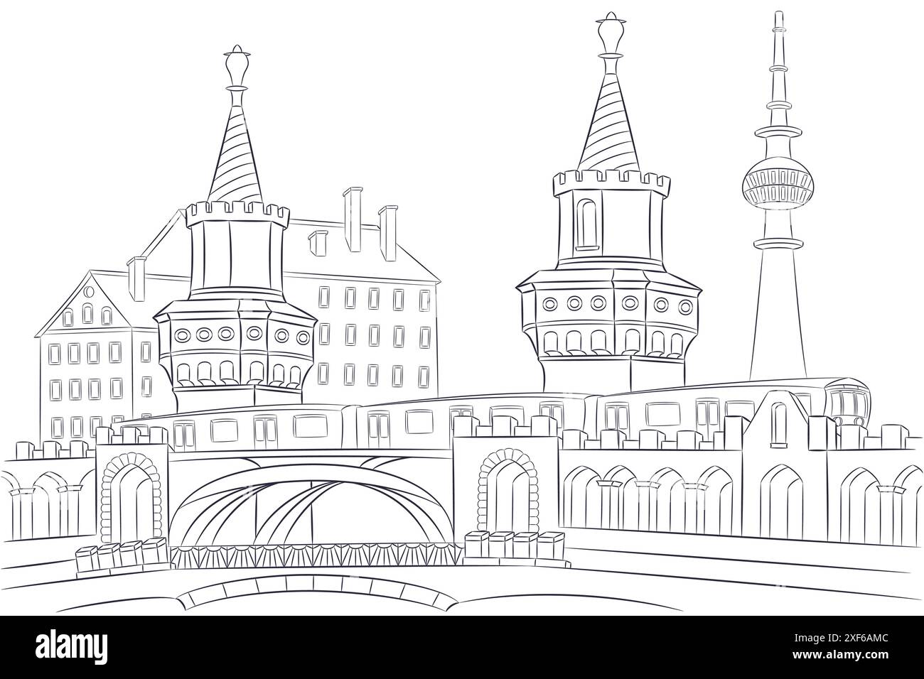 Vector drawing of the old brick Oberbaum Bridge in Berlin isolated on a ...
