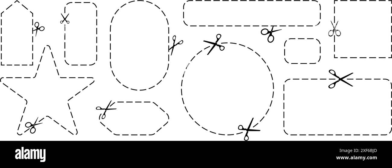 Cut here icon. Set of scissors cutting shape, paper cut here icon with ...