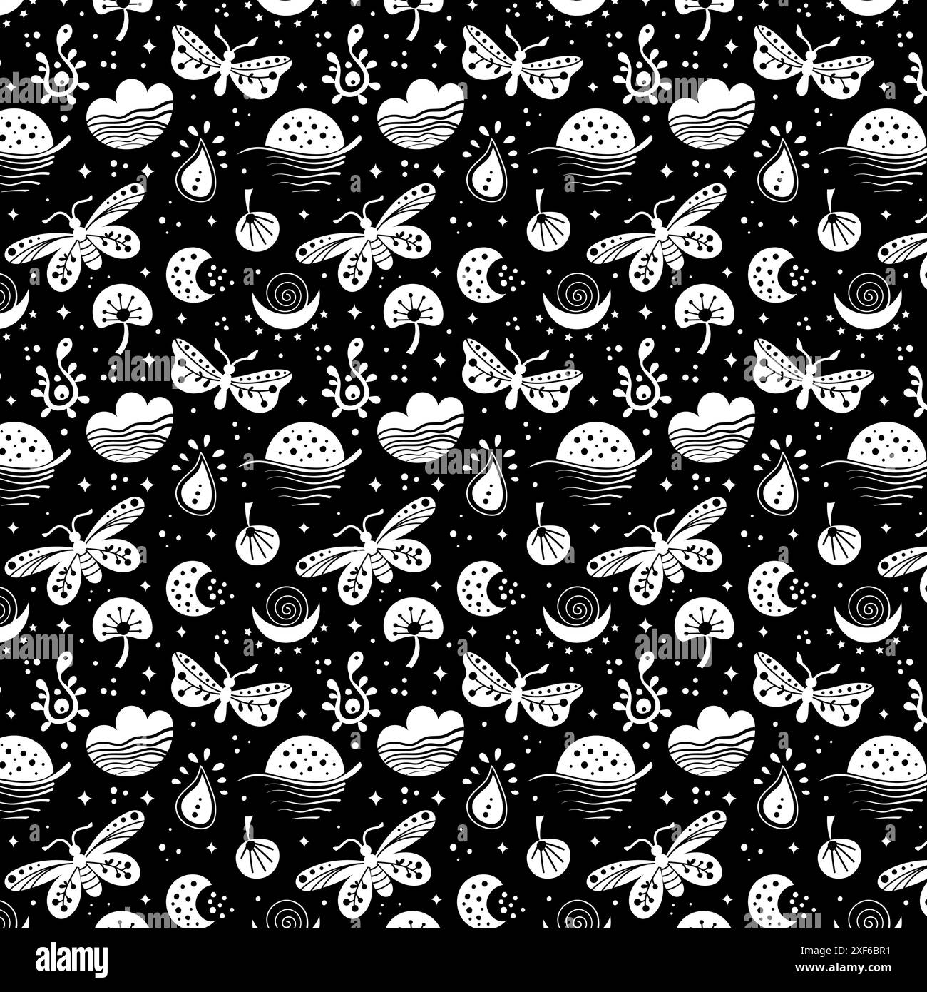 Seamless neo folk art vector pattern with butterfly, moth and flowers ...