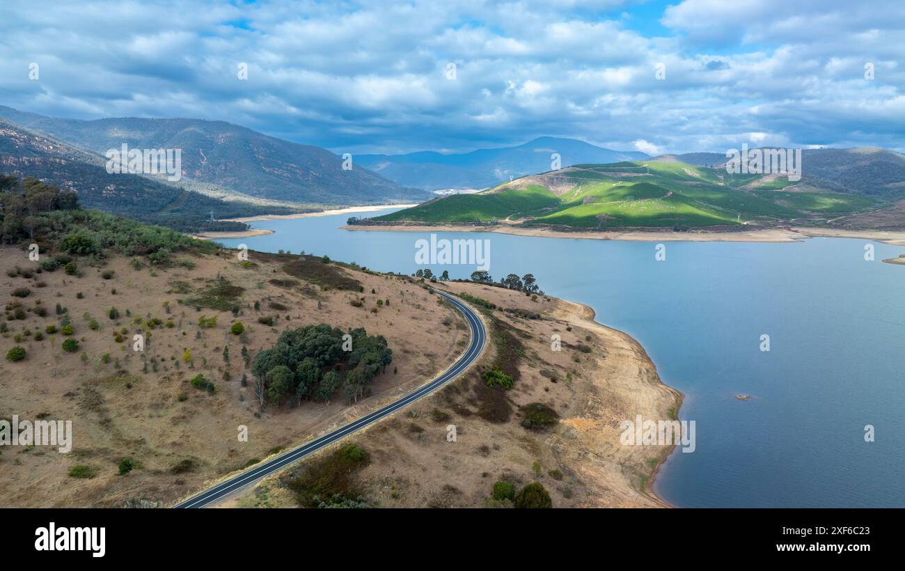 Drone aerial photograph of the Tumut River and Blowering Reservoir in ...