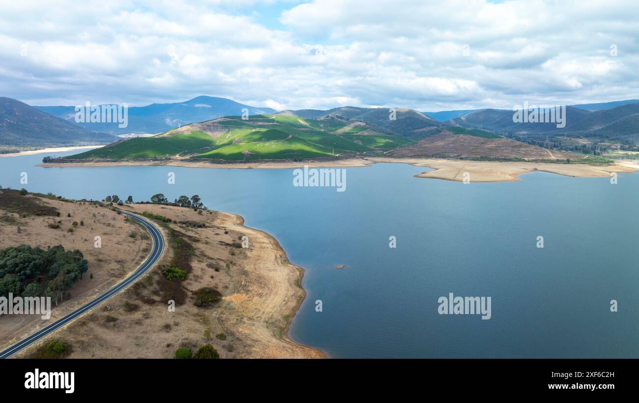 Drone aerial photograph of the Tumut River and Blowering Reservoir in ...