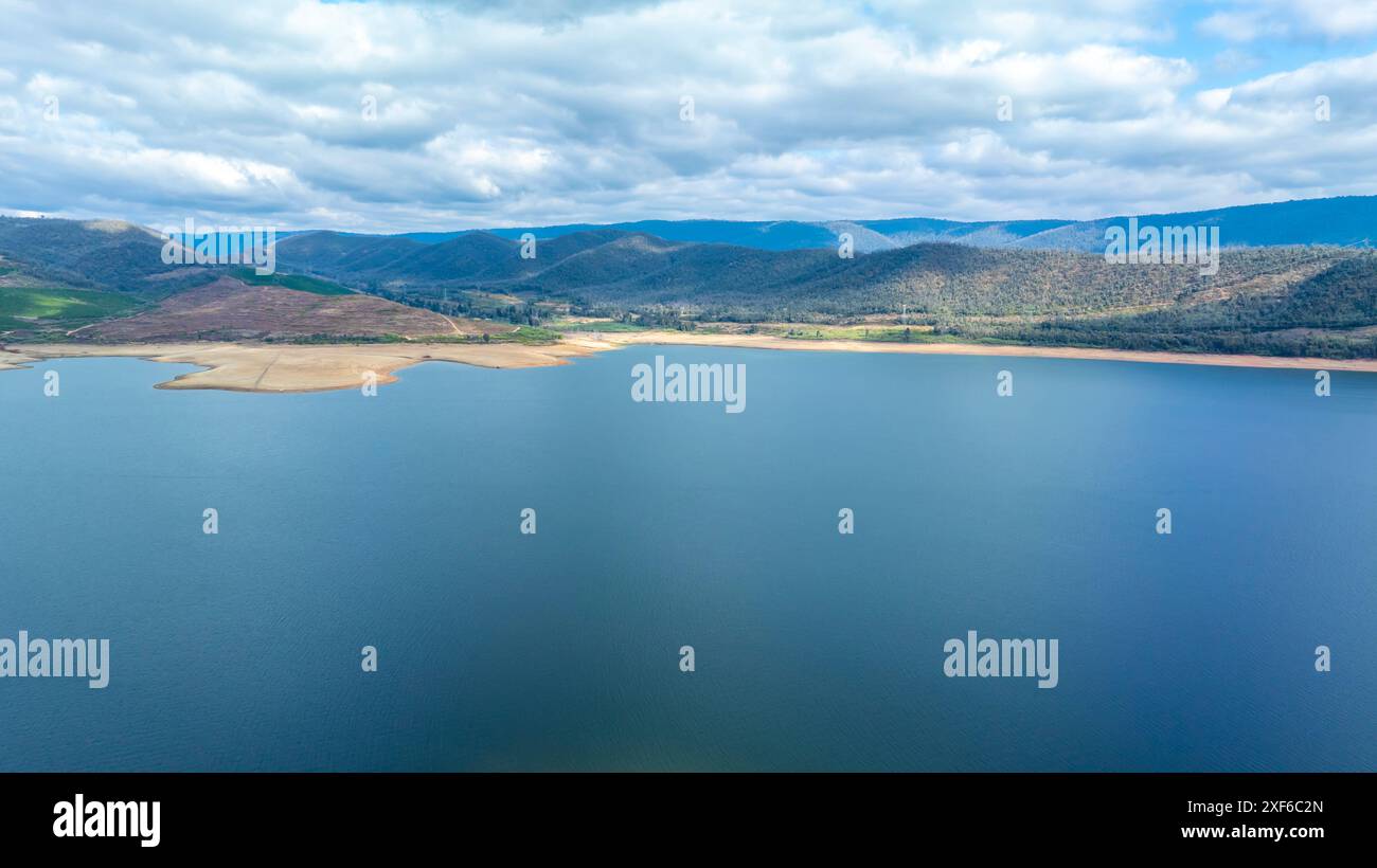 Drone aerial photograph of the Tumut River and Blowering Reservoir in ...