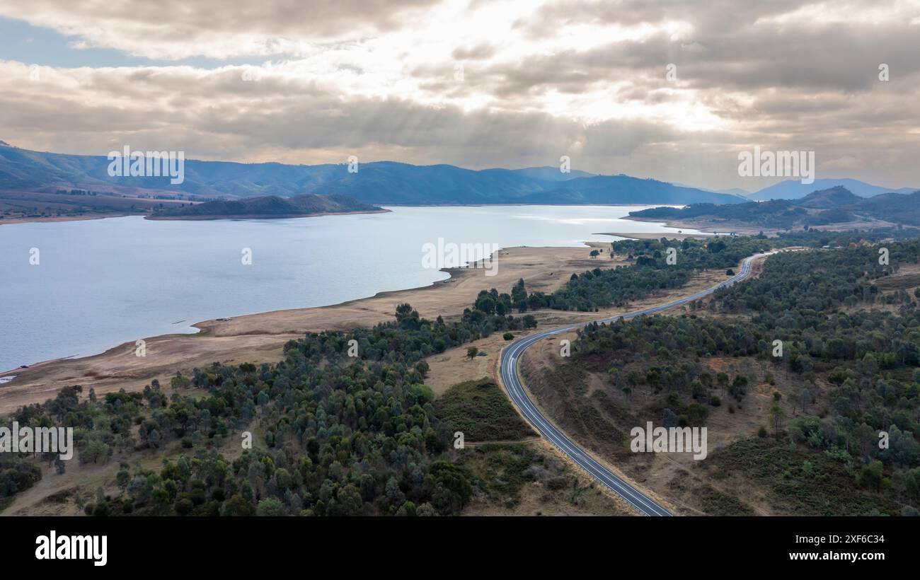 Drone aerial photograph of the Tumut River and Blowering Reservoir in ...