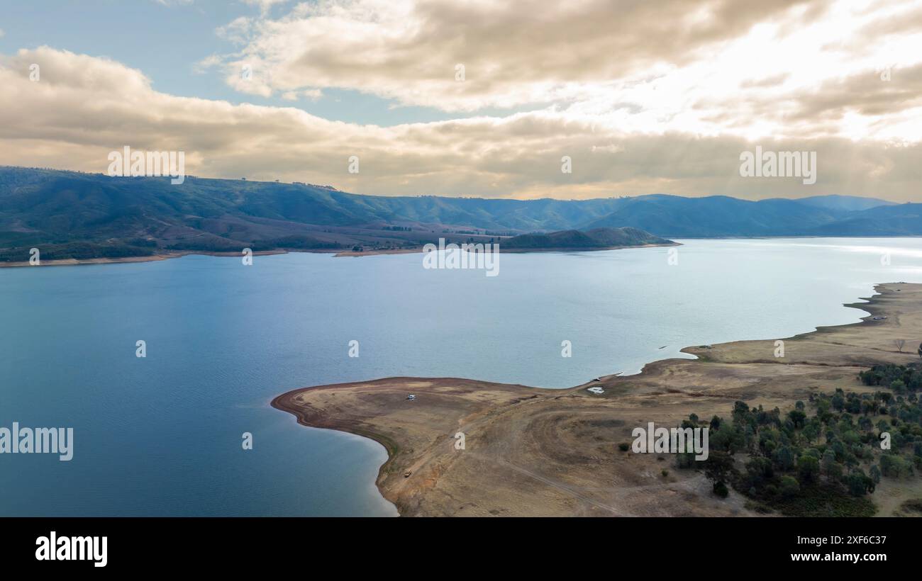Drone aerial photograph of the Tumut River and Blowering Reservoir in ...
