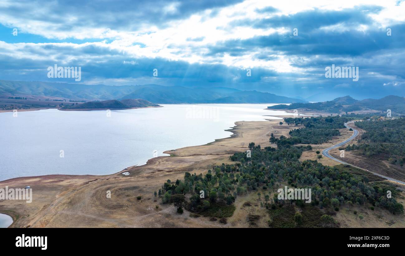Drone aerial photograph of the Tumut River and Blowering Reservoir in ...