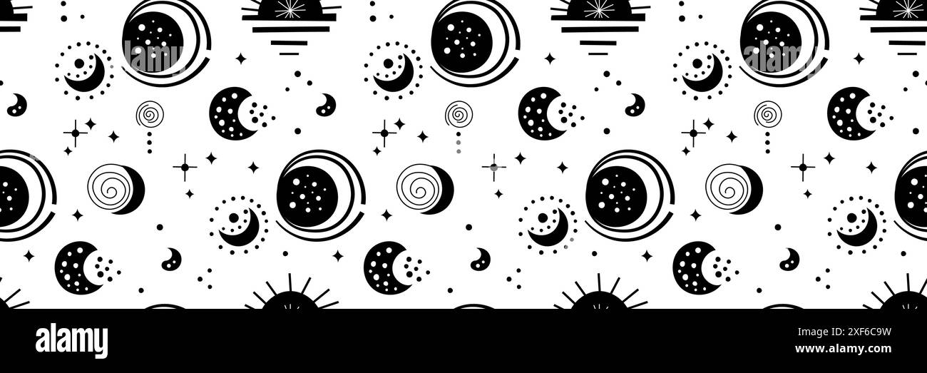 Seamless neo folk patterns with moon, cloud, sun and stars, black and ...
