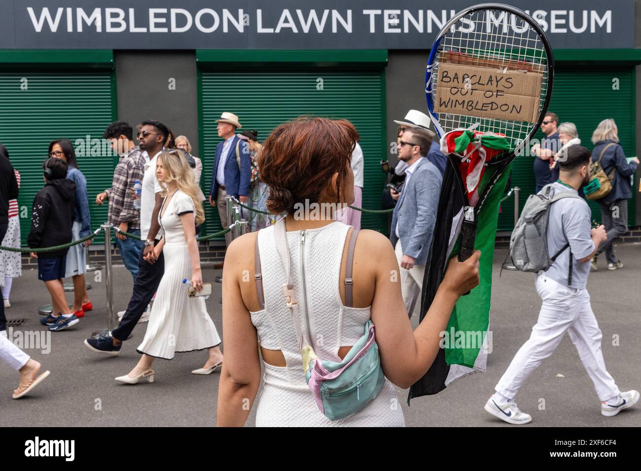 London, UK. 1st July, 2024. A pro-Palestinian activist wearing a tennis ...