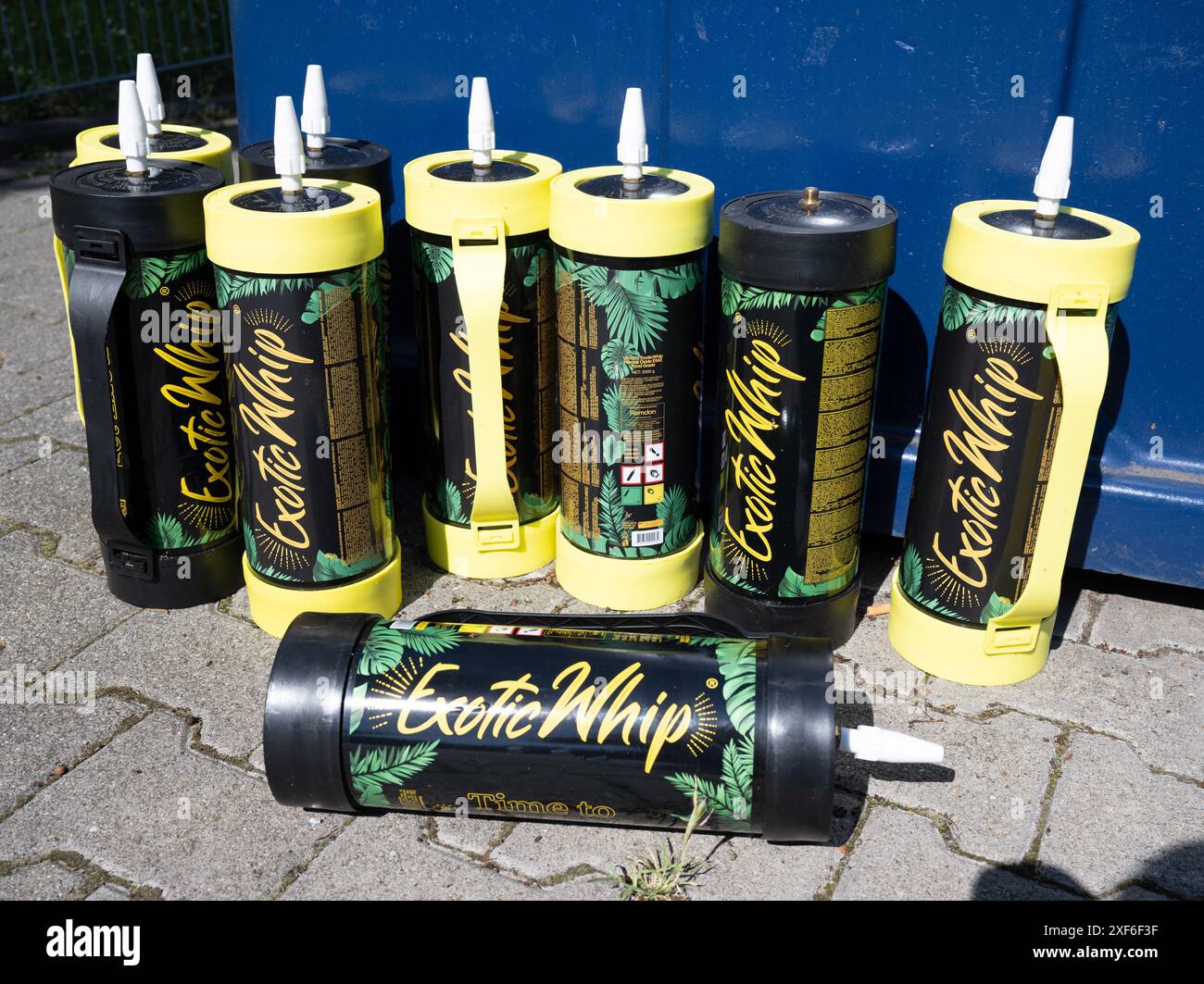 25 June 2024, Hesse, Frankfurt/Main: Empty nitrous oxide containers ...
