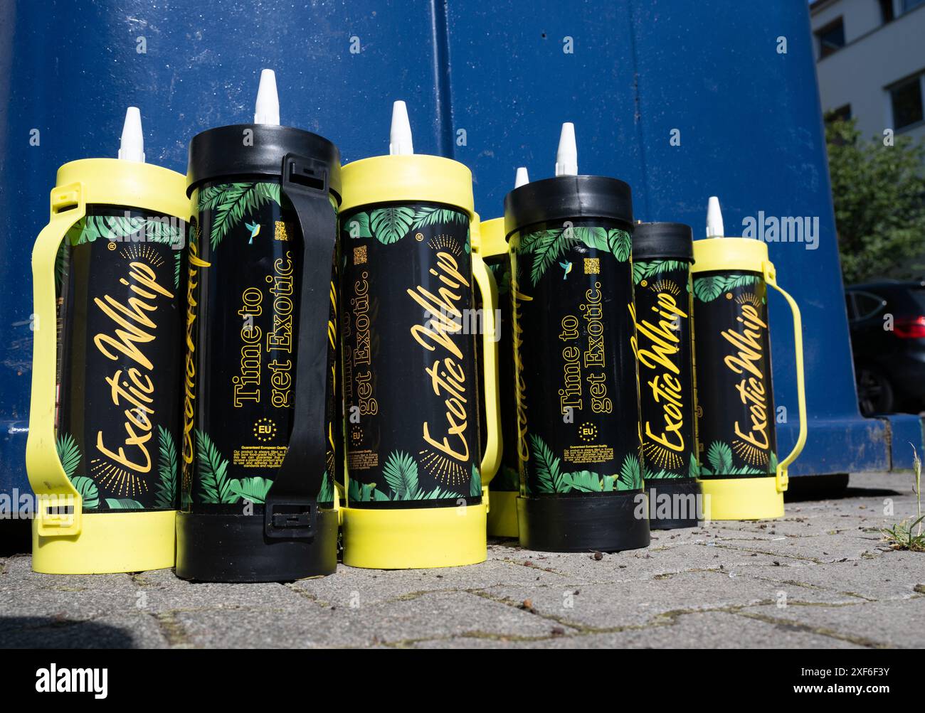 25 June 2024, Hesse, Frankfurt/Main: Empty nitrous oxide containers ...