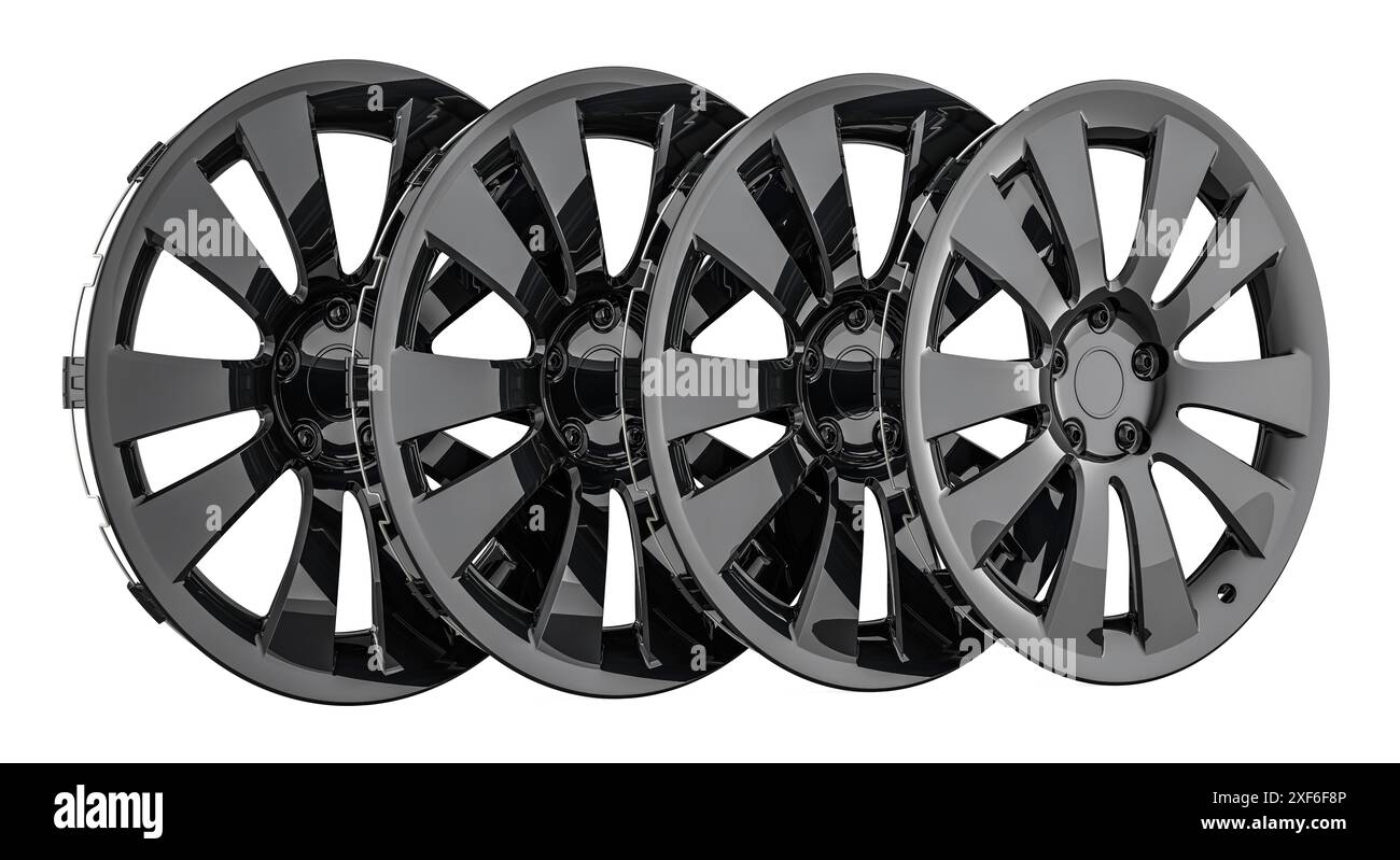 Black hubcaps, wheel covers. 3D rendering isolated on white background ...