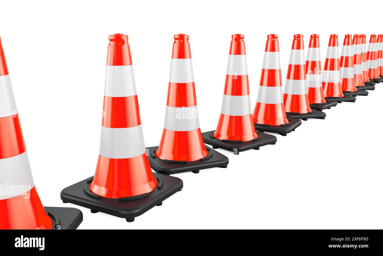 Row from traffic cones, 3D rendering isolated on white background Stock ...
